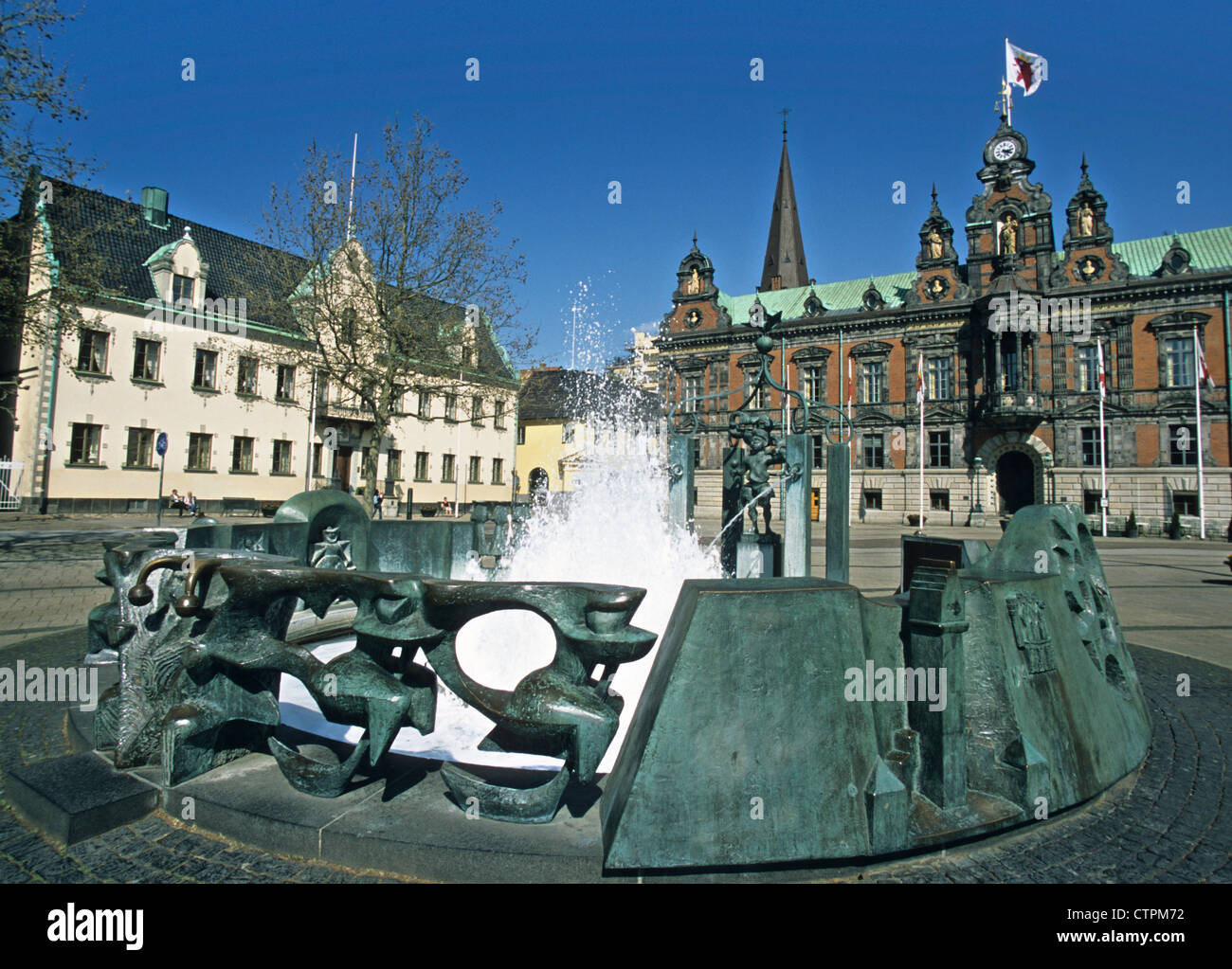 Fountain in front of the City Hall in Stortorget square, Malmo, Sweden ...