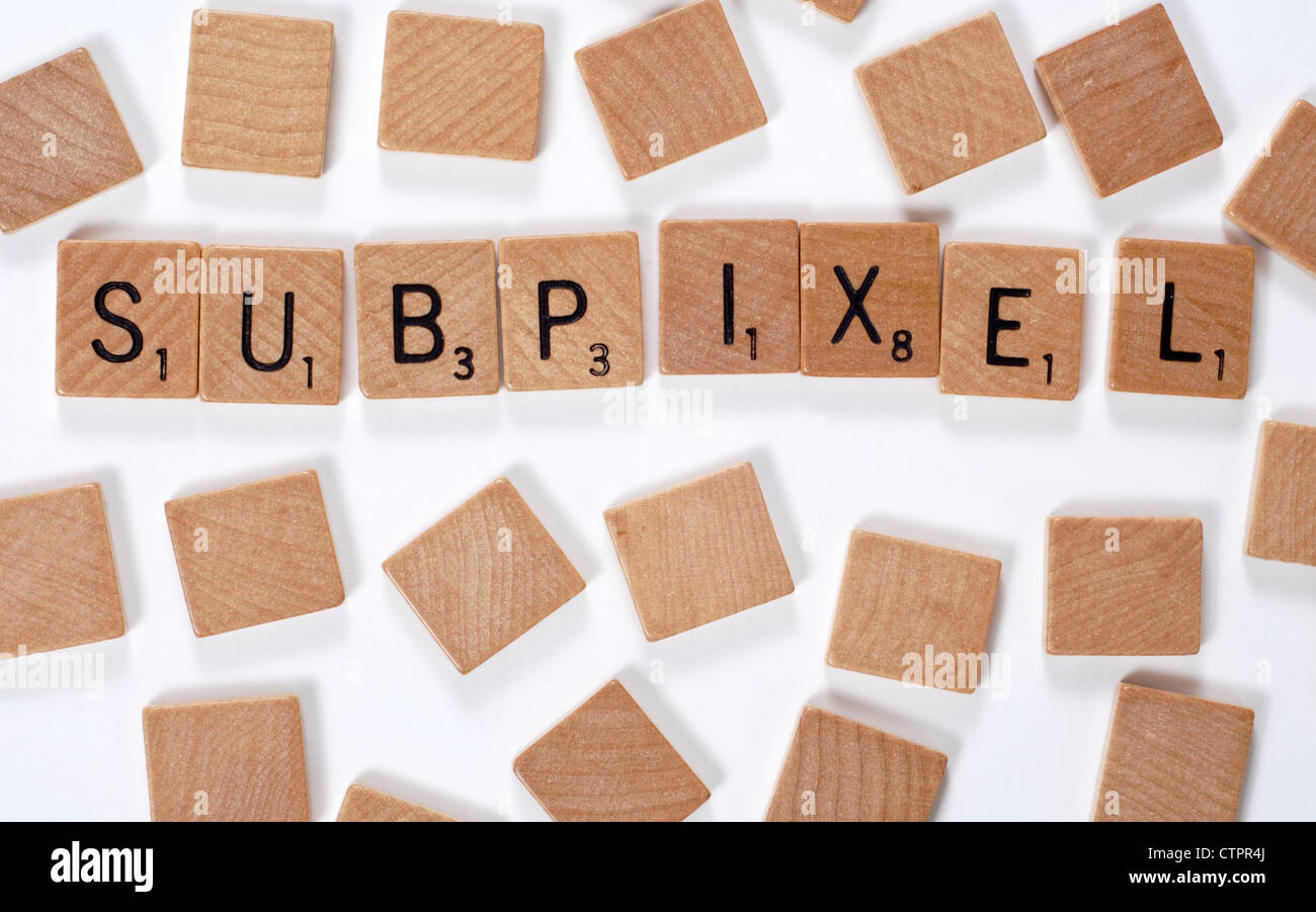 A new dictionary word: subpixel, spelled out with wooden tiles Stock ...