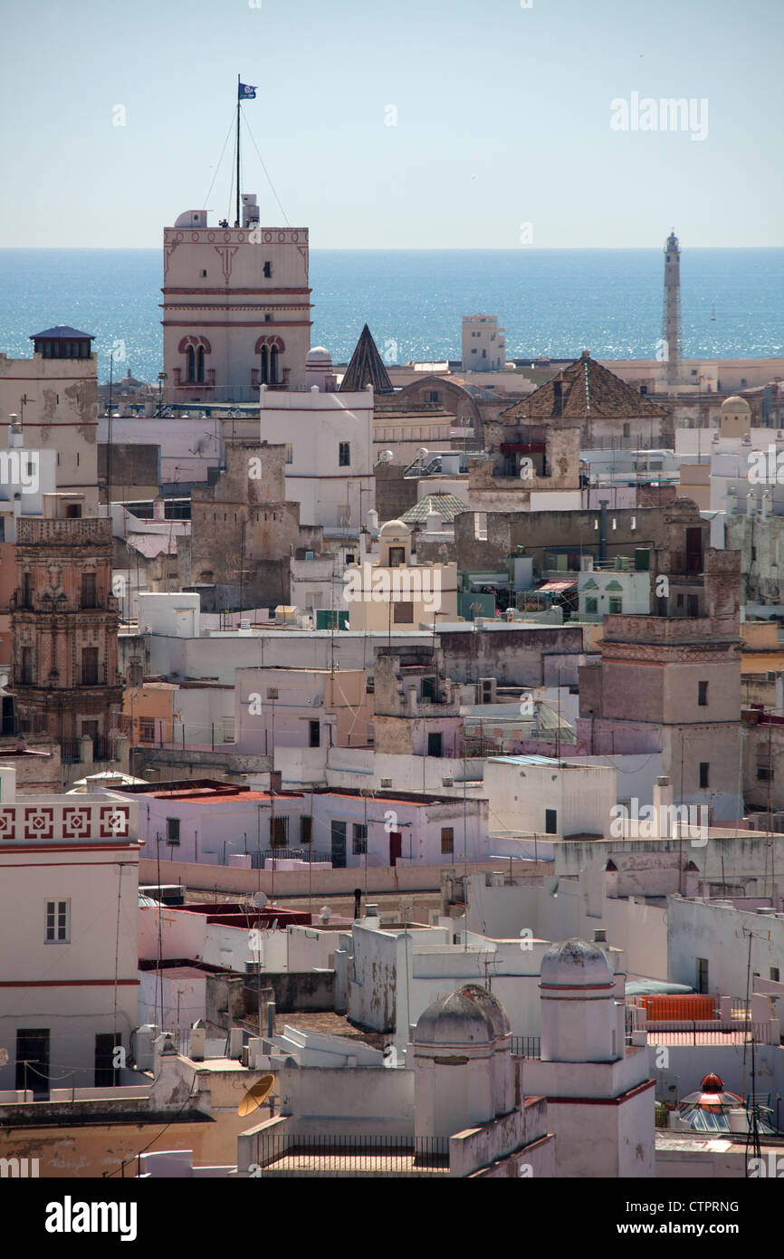 City of Cadiz, Spain. Aerial rooftop view of Cadiz with Tavira Tower on ...