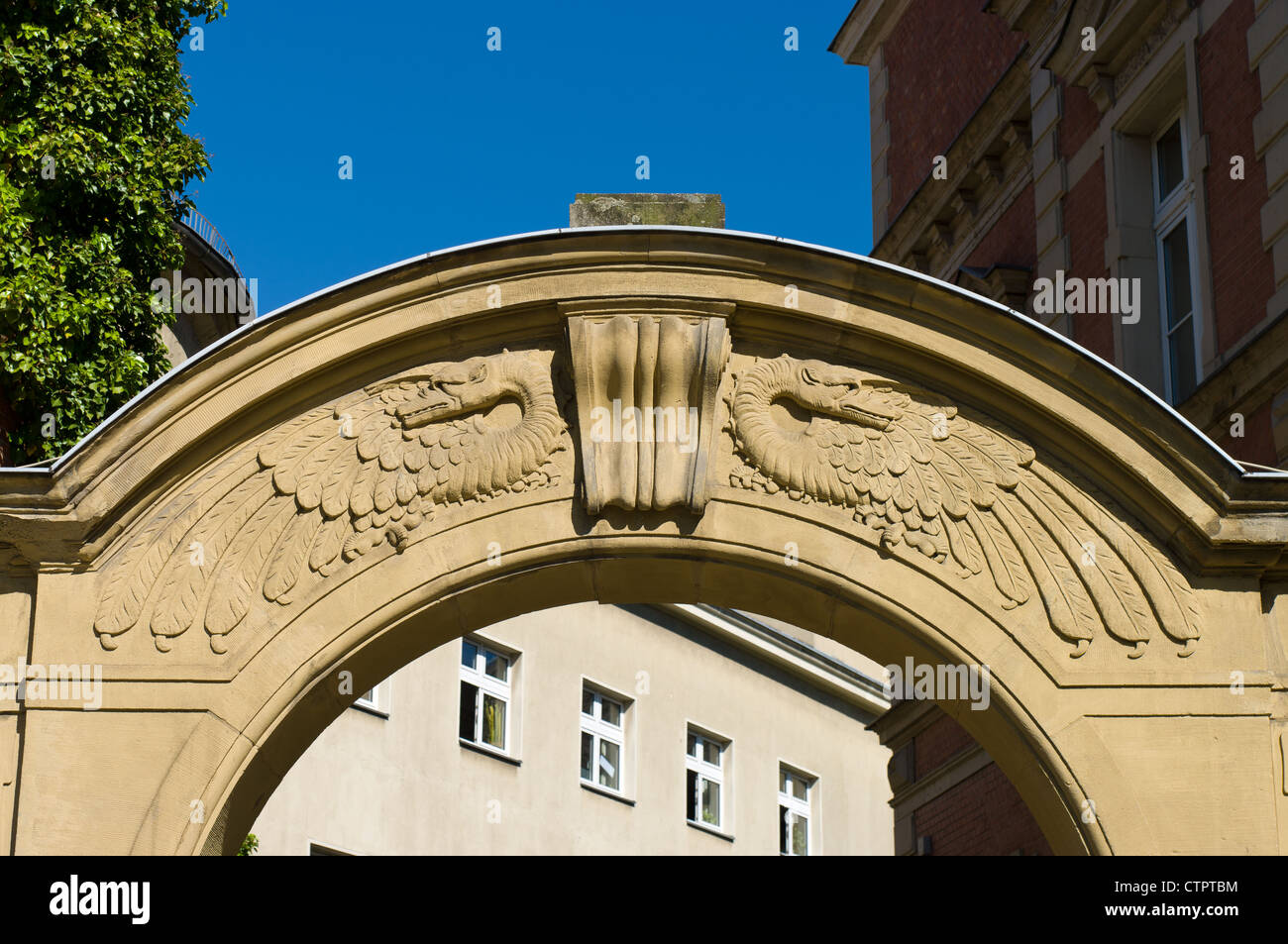 The bas-relief on the arch in the form of griffins. Berlin. Spandau ...