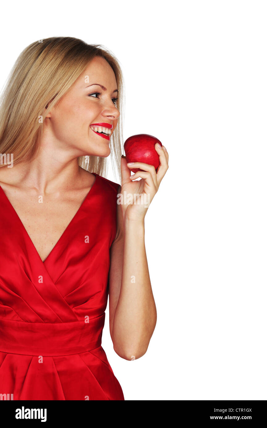 woman eat red apple on white background Stock Photo - Alamy