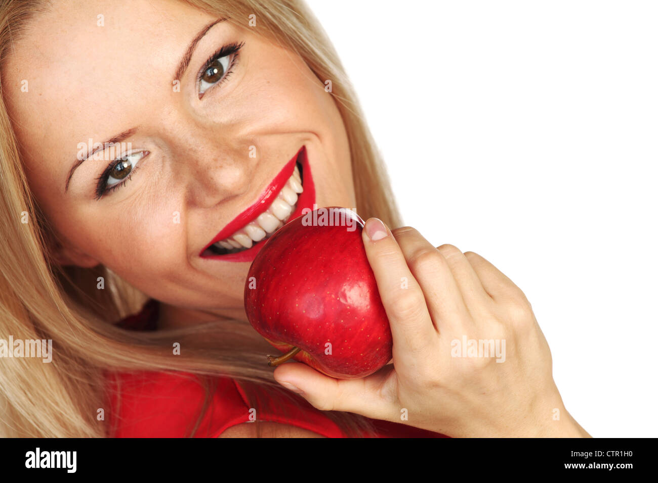 woman eat red apple on white background Stock Photo - Alamy