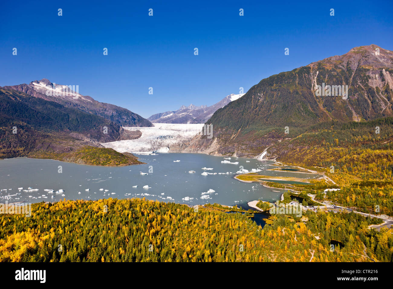 Aerial view of Mendenhall Glacier and the Mendenhall Glacier Visitor ...