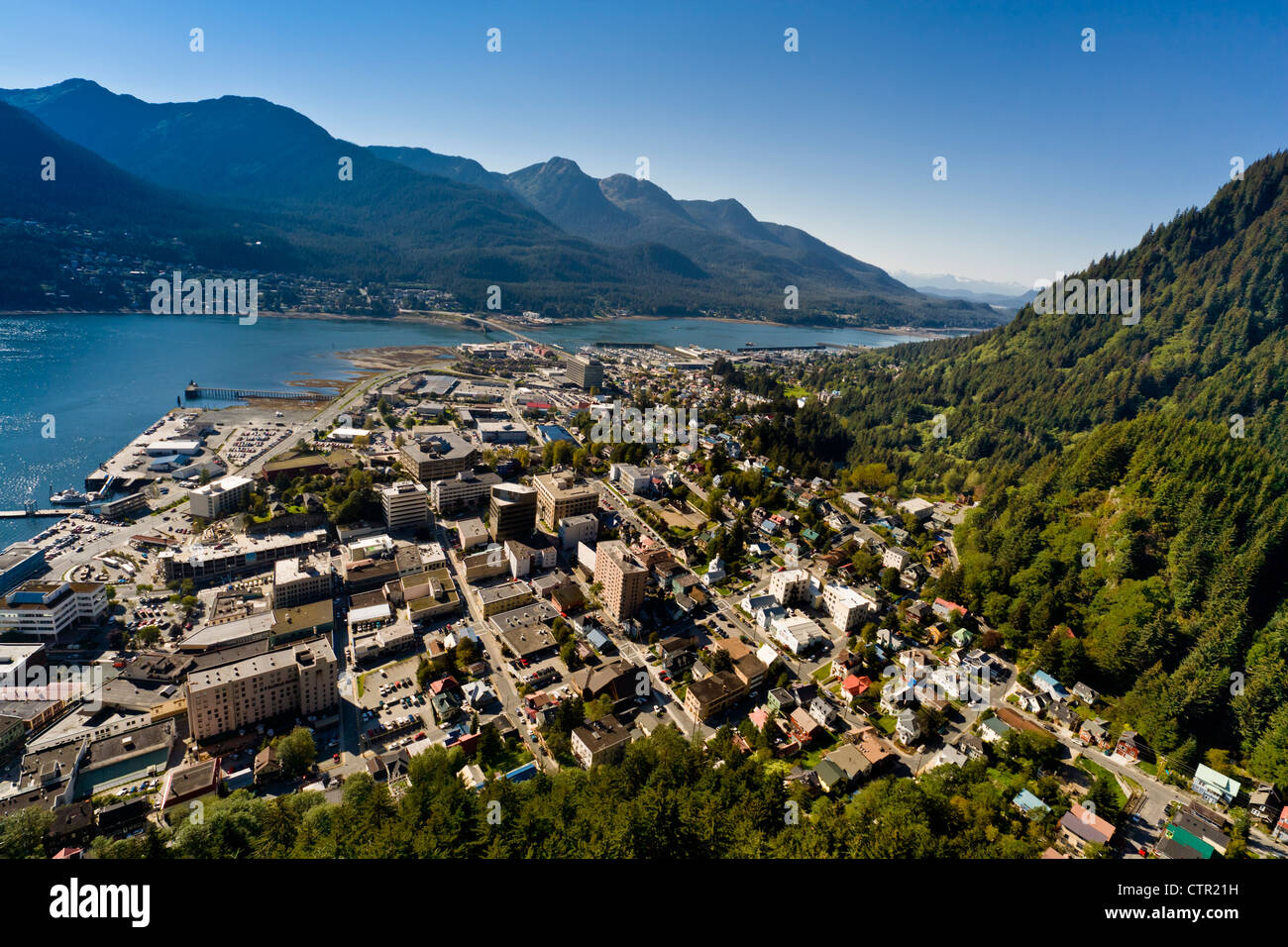 Aerial view of downtown Juneau and Lynn canal looking West, Southeast ...