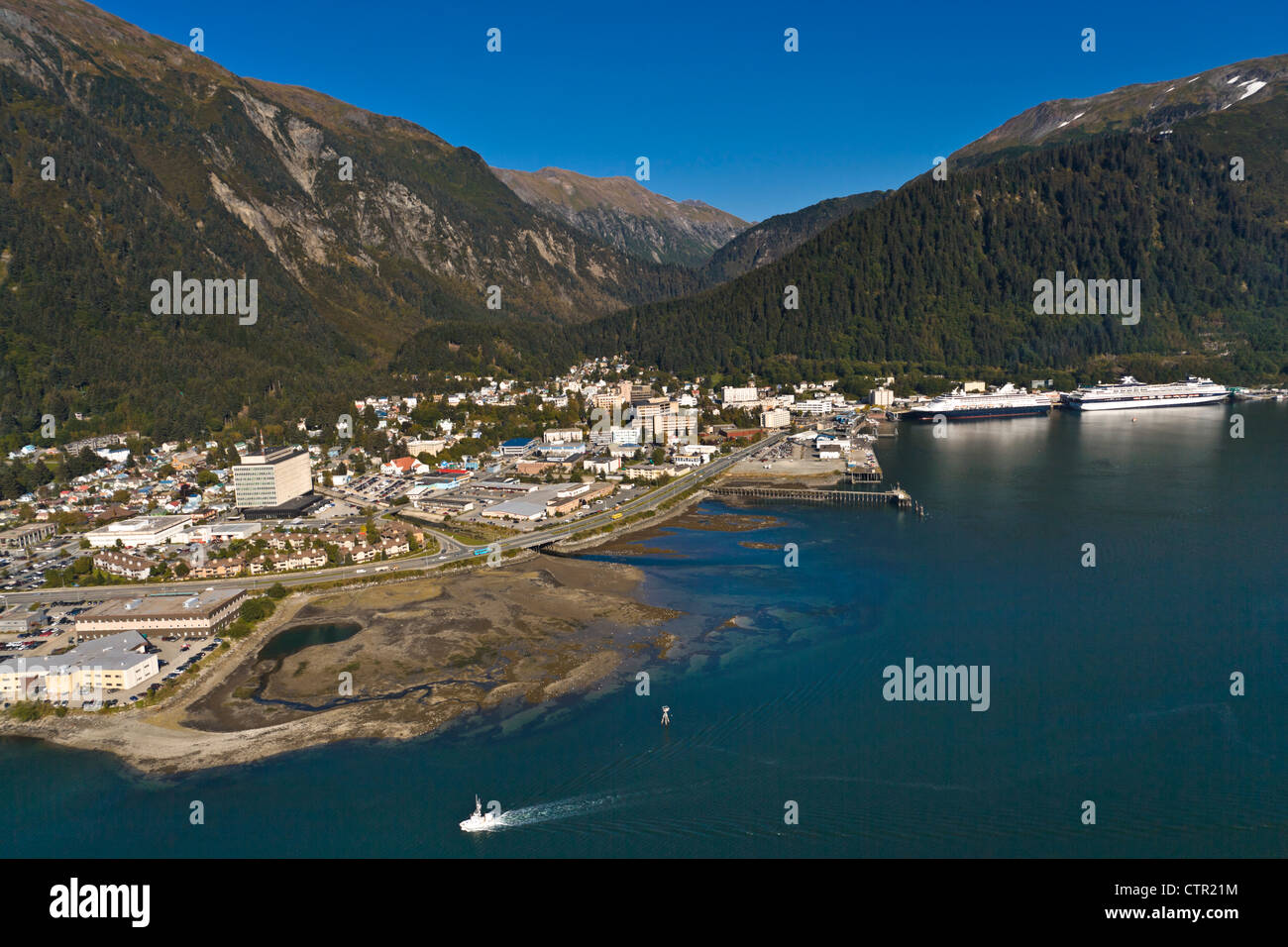 Aerial view of downtown Juneau from above Lynn Canal, Southeast Alaska ...