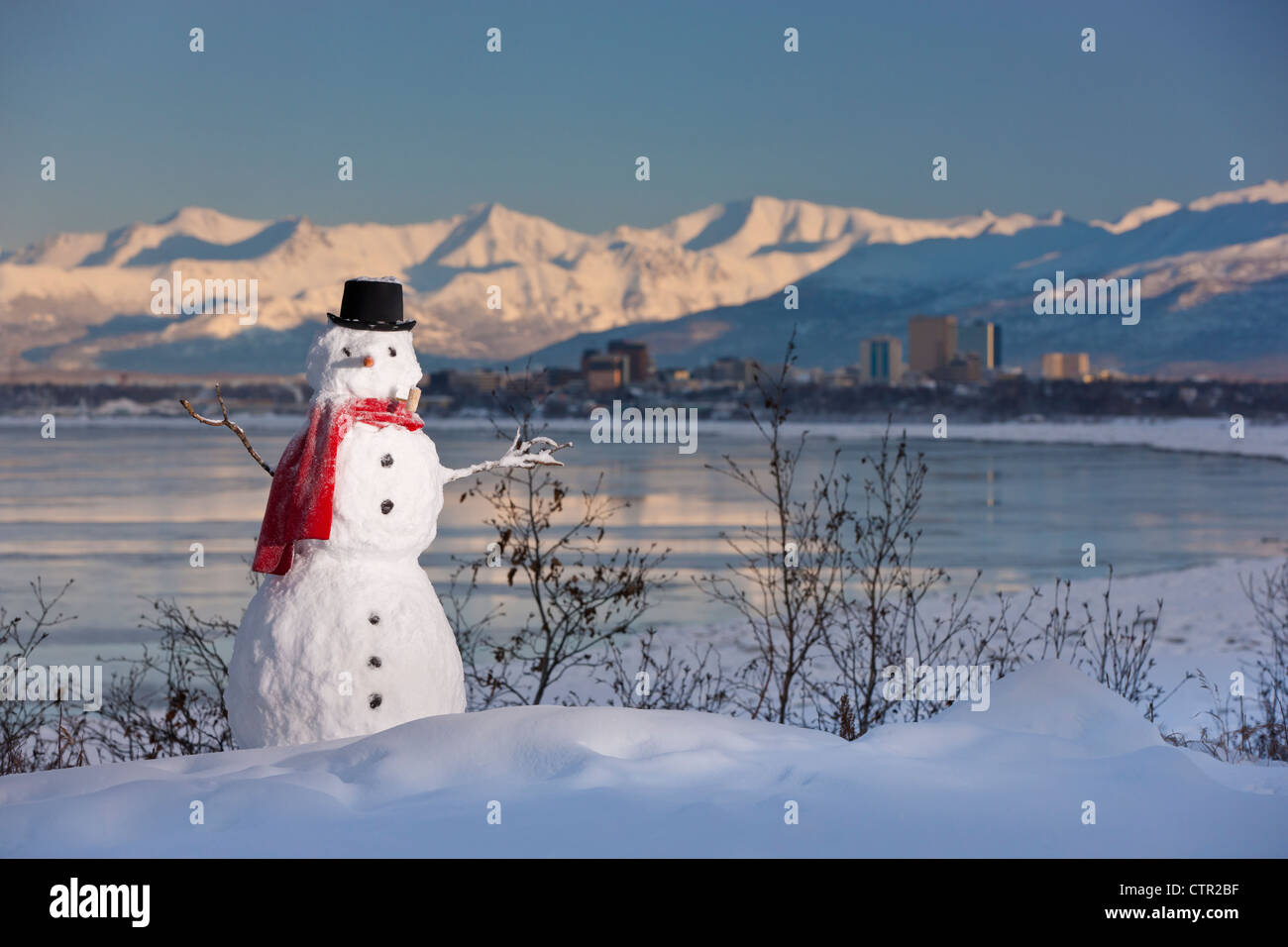 Scenic view Chugach Mountains Anchorage skyline Cook Inlet snowman in ...