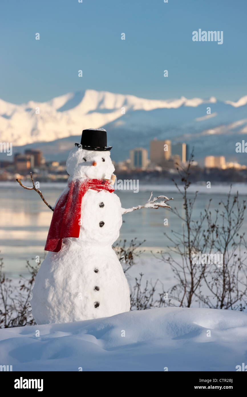 Scenic view Chugach Mountains Anchorage skyline Cook Inlet snowman in ...