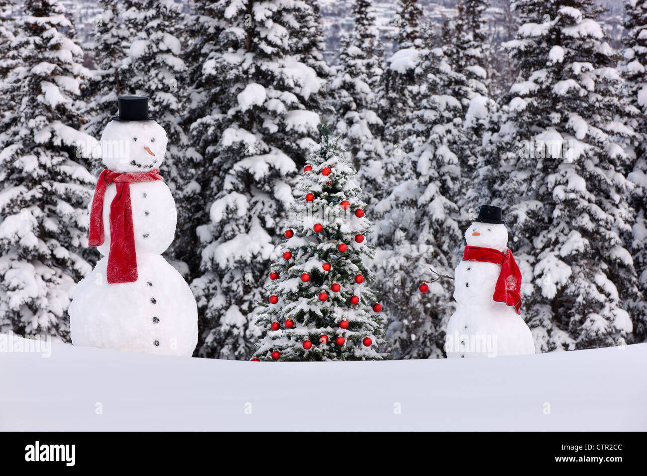 Photo adult child snowmen wearing red scarves black top hats standing ...
