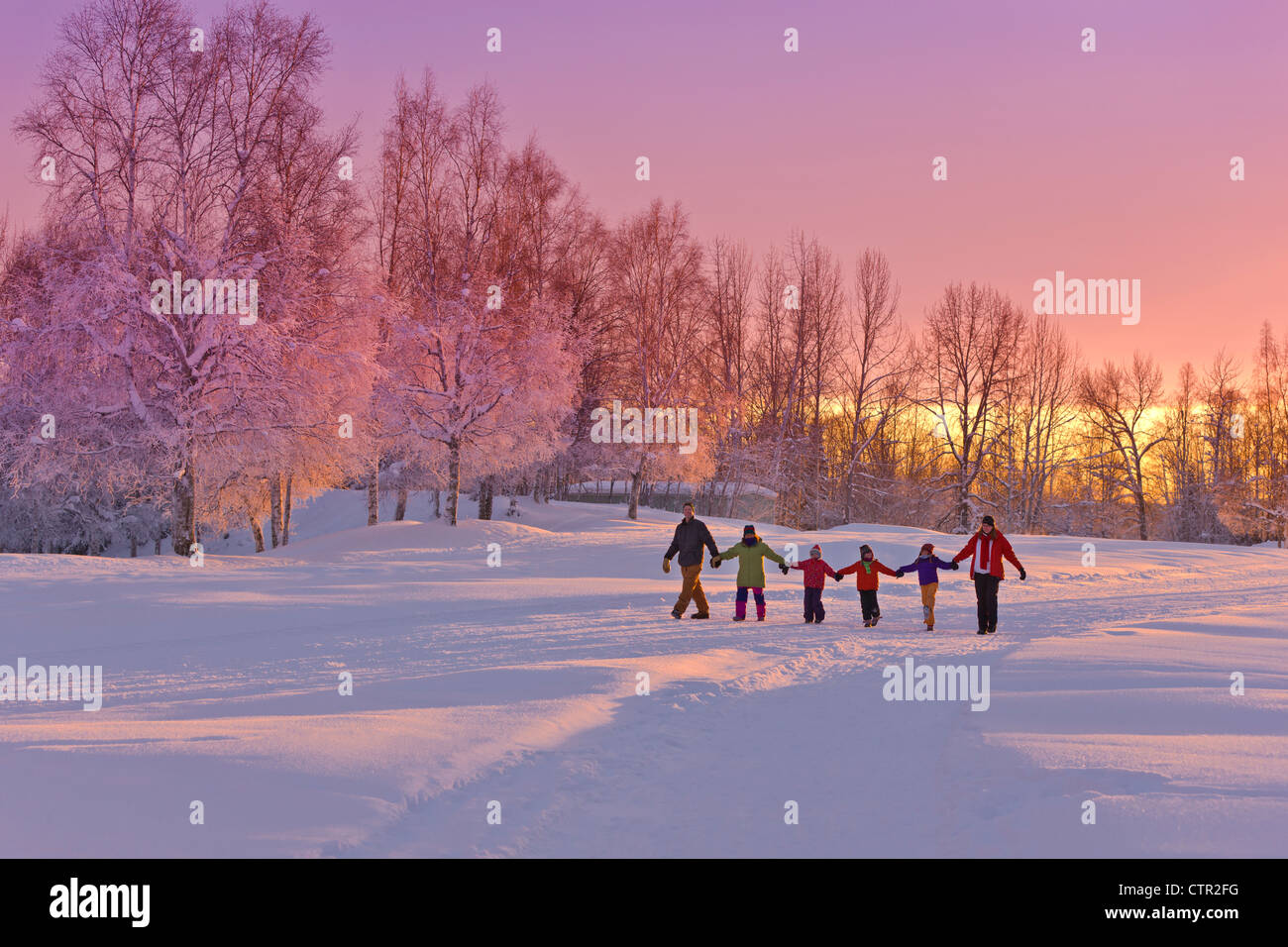 Family group holding hands walk on snow path sunset birch forest in ...