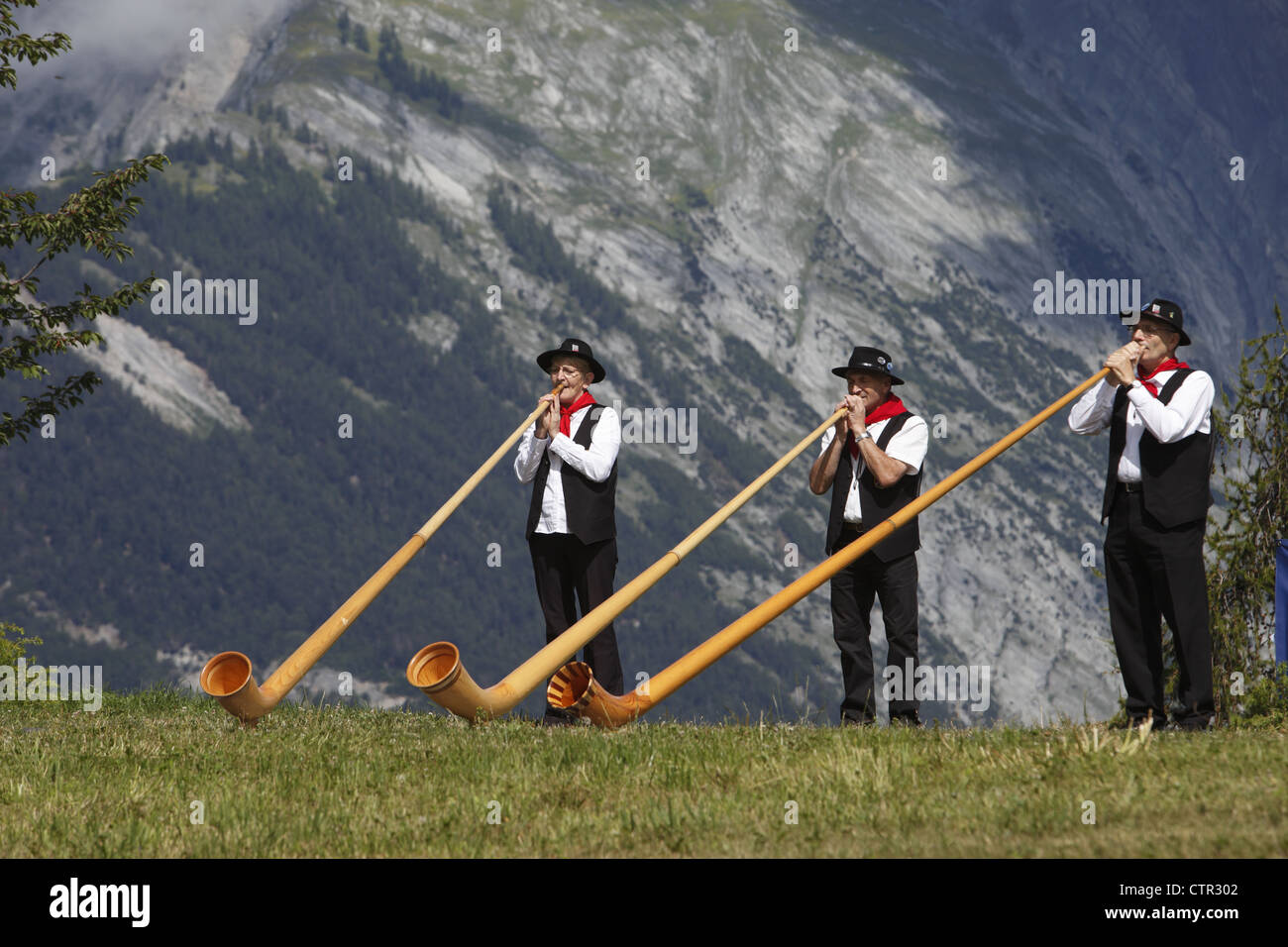 Alphorn players in traditional costume take part in the Cor des Alpes ...