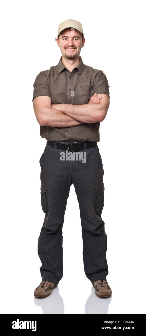 smiling worker isolated on white background Stock Photo - Alamy