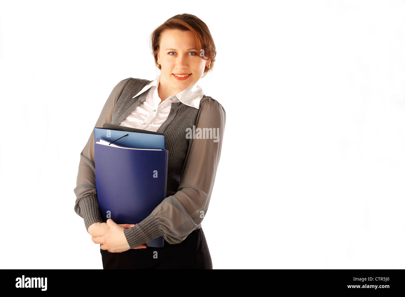 Attractive young business woman holding files, smiling, isolated over ...