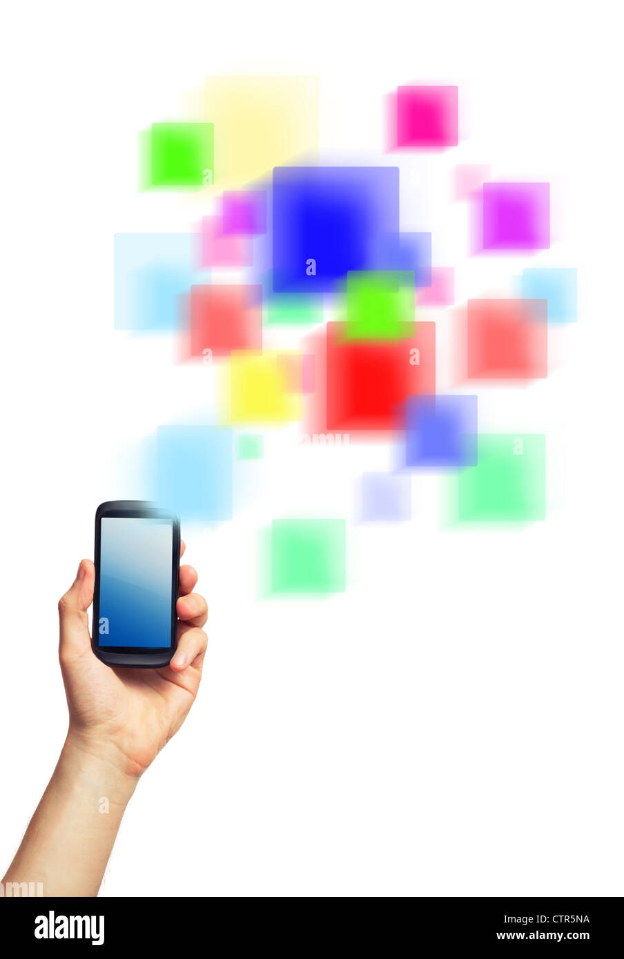 Cell phone (smartphone with touchscreen) in male hand and a futuristic ...