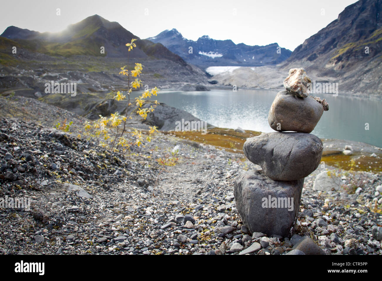 Cairns along the Backside Glacier Lake, Denali National Park & Preserve ...