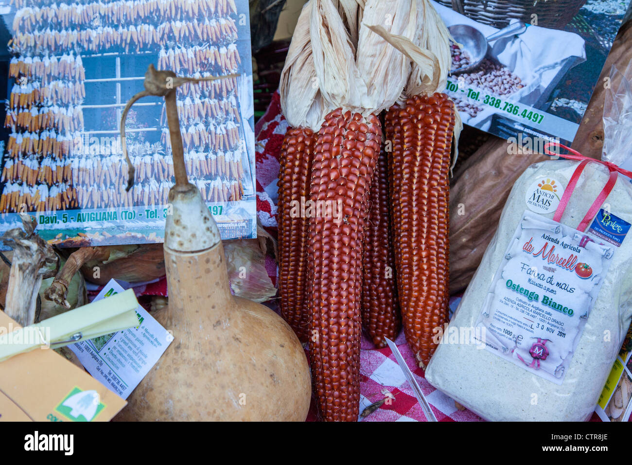 Display of locally produced goods in a market in Oulx, Piemonte, Italy ...