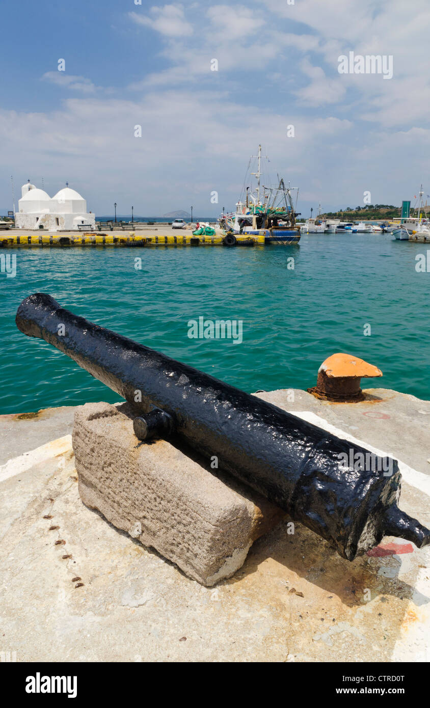 Old cannon along the waterfront of Aegina Town, Aegina Island, Greece ...
