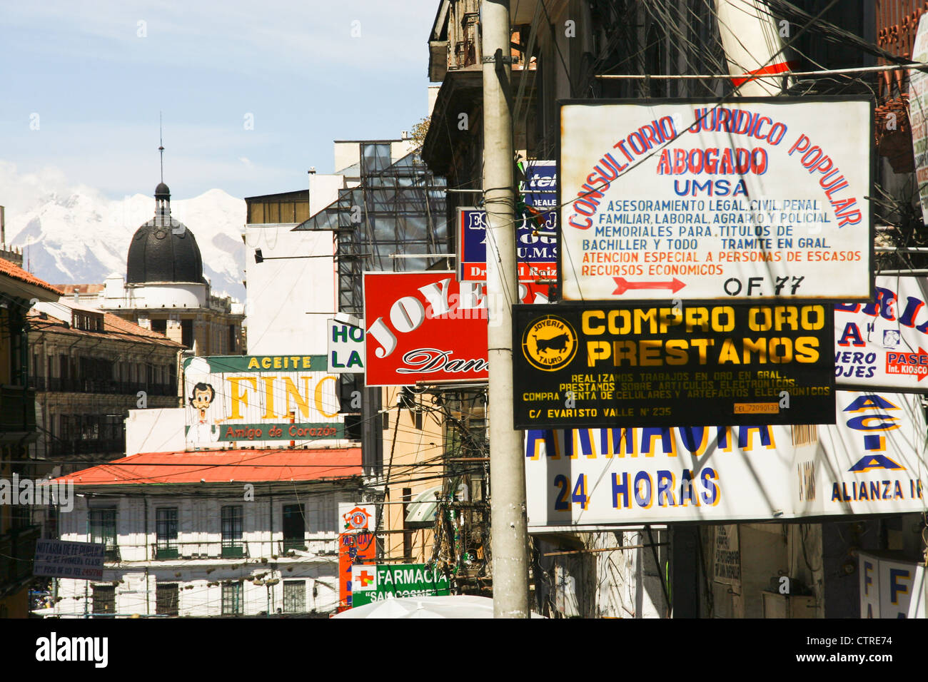 Street signs shops La Paz Bolivia city cityscape Stock Photo - Alamy
