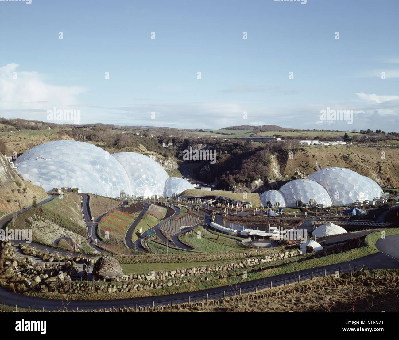 eden project view of 2 main buildings Stock Photo - Alamy