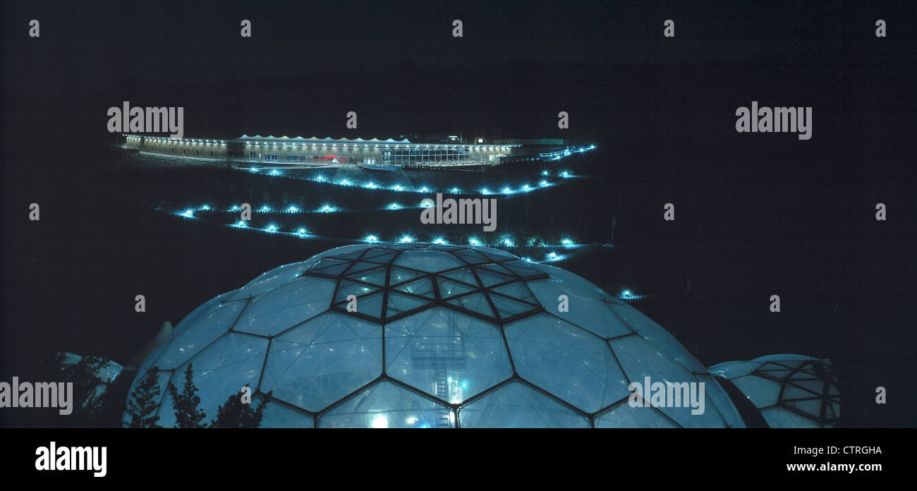 eden project exterior panorama-night time view looking towards entrance ...