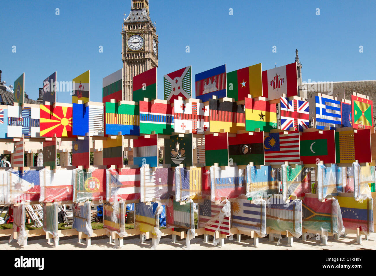 General view of a wooden flags sculpture in Parliament Square London ...
