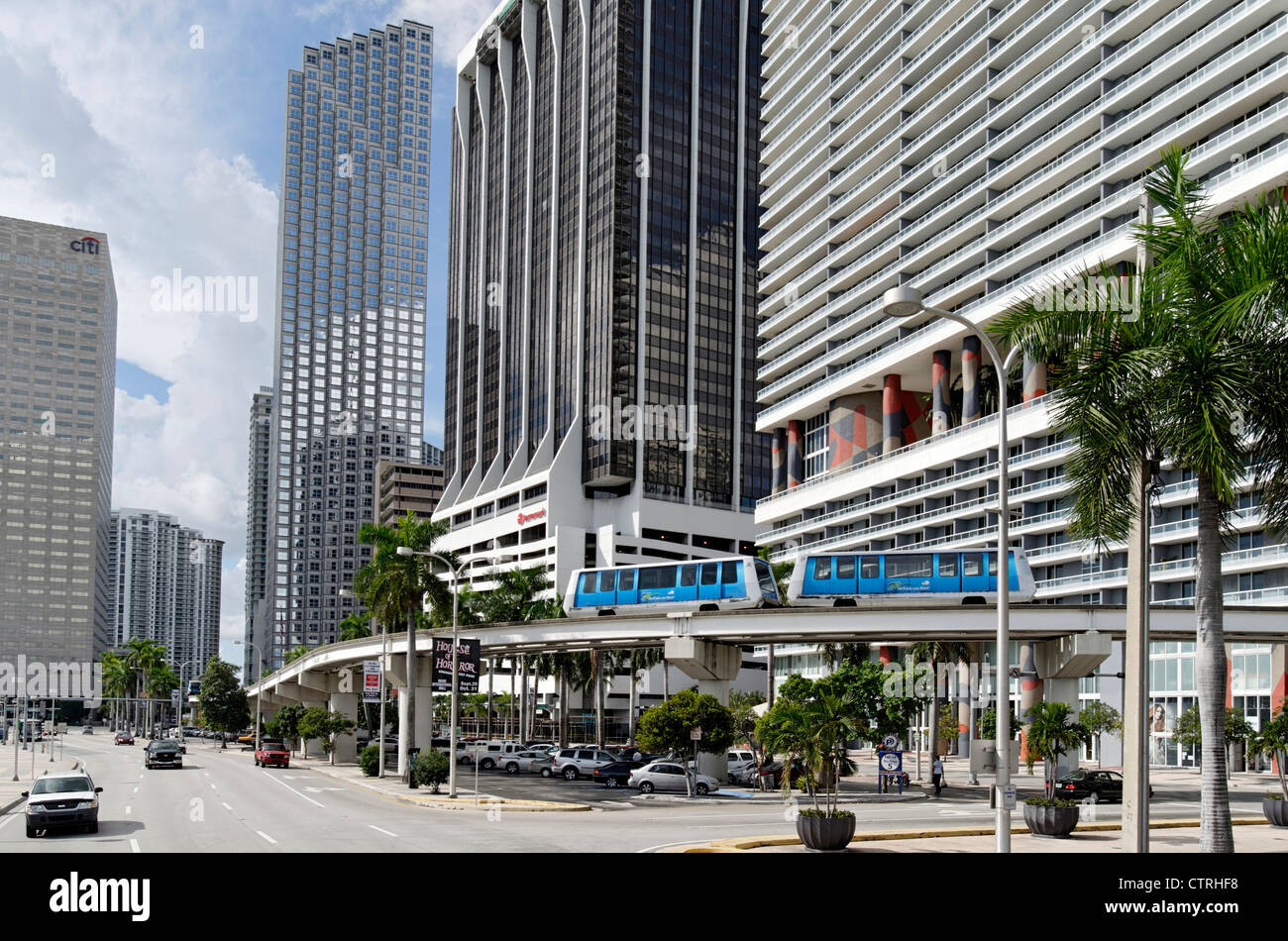 Skyscrapers and the free Metromover train in downtown Miami, Florida ...
