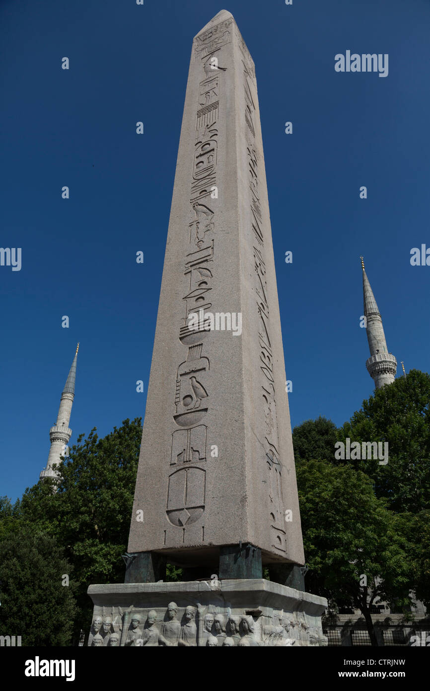 Obelisk of Theodosius and minarets and dome of Blue mosque, hippodrome ...