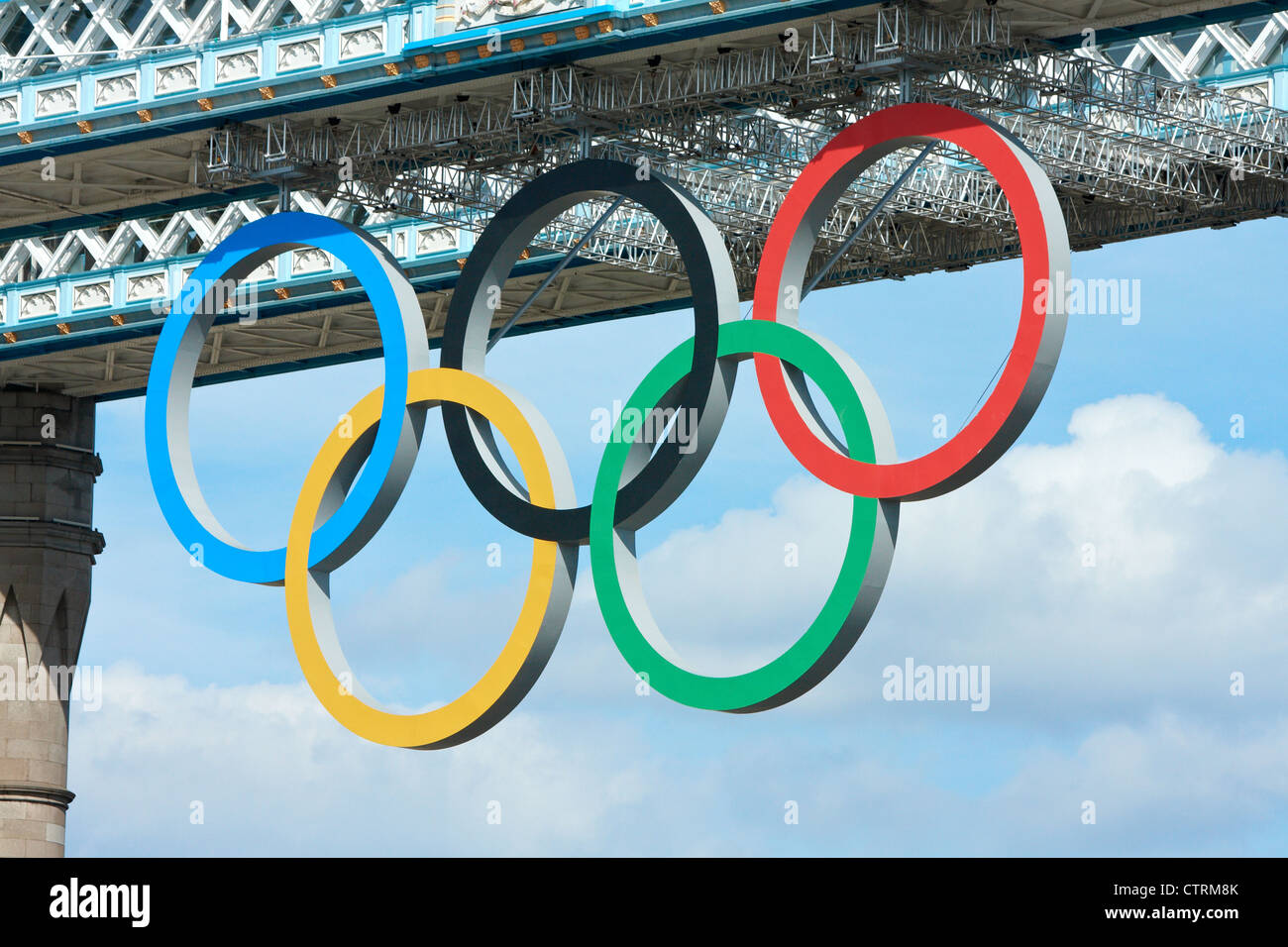 General view of giant Olympic Rings installed on Tower Bridge, London ...