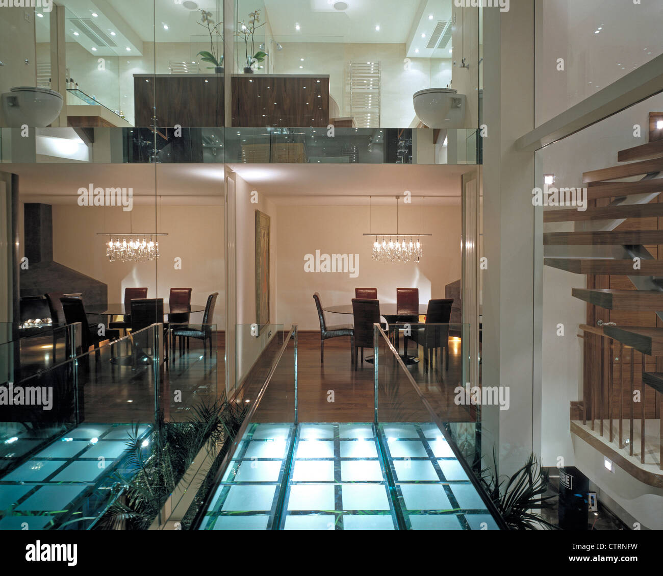 private house interior view - around glass bridge in atrium Stock Photo ...