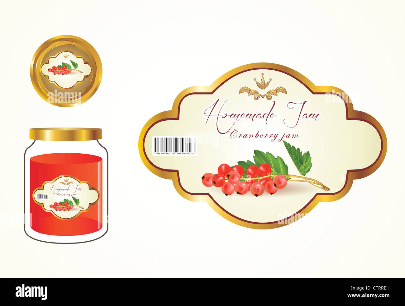 Labels, fruit jam, jam jars and lids to see the label Stock Photo - Alamy