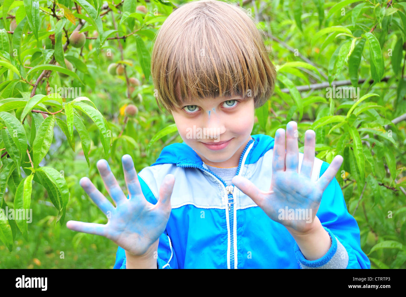 Portrait of a happy energetic young boy showing off blue hands after ...