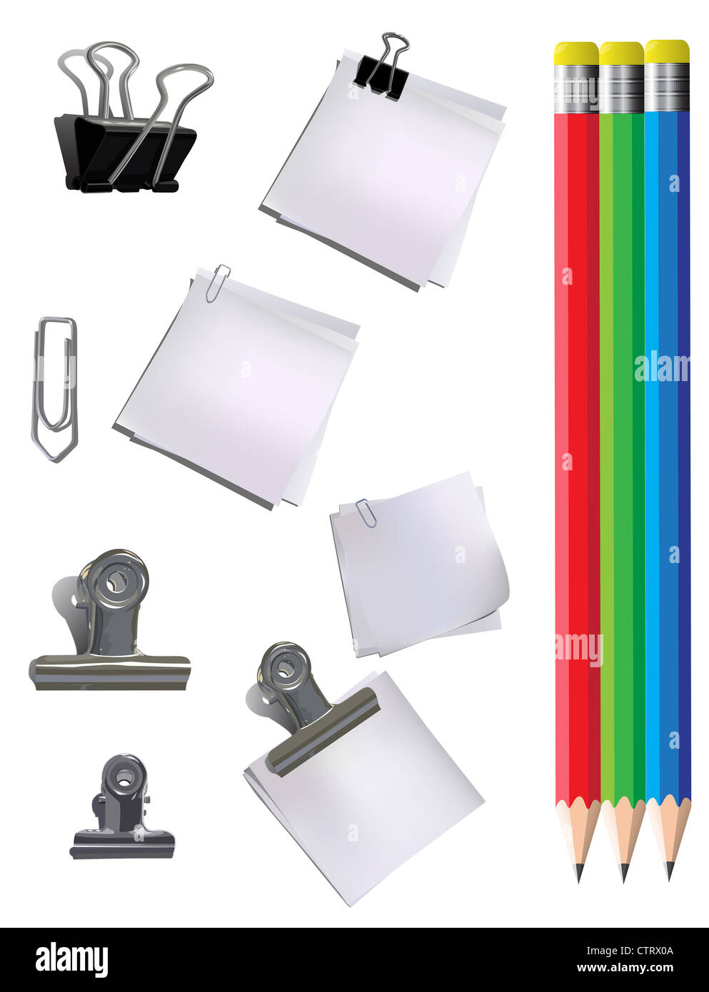 isolated paper notes with pencil and clips Stock Photo - Alamy