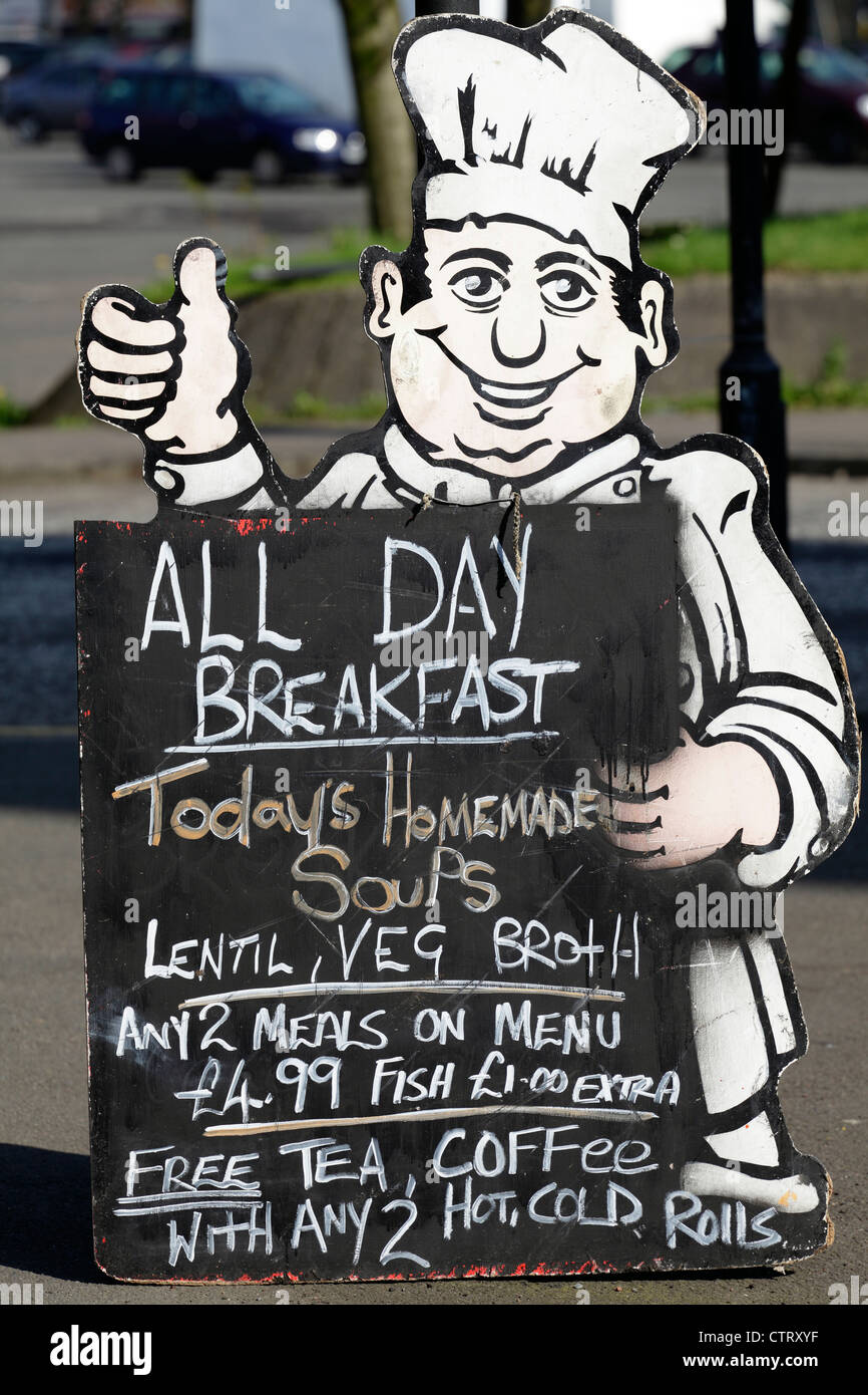 A café menu board advertising All Day Breakfast, Glasgow, Scotland, UK ...