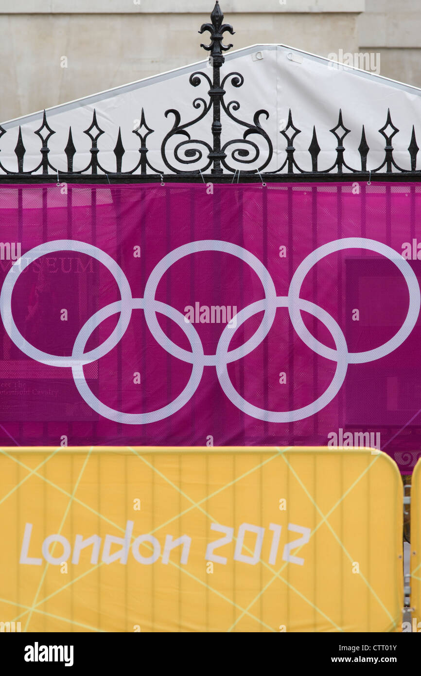 The IOC's Olympic logo brand of rings on a banner at Horse Guards in ...