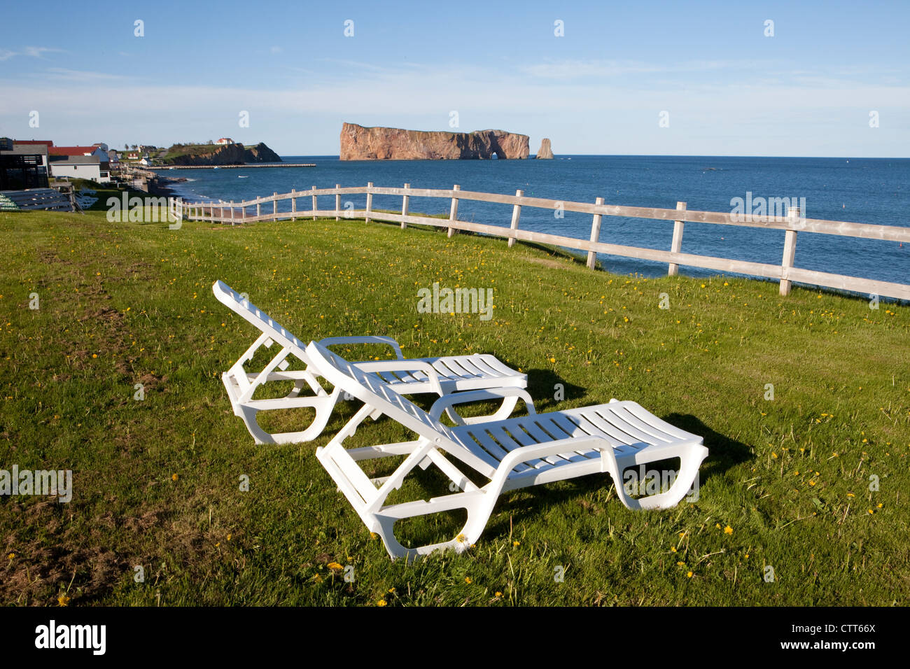 View of Perce Rock from Perce Town, Gaspe, Quebec, Canada Stock Photo ...