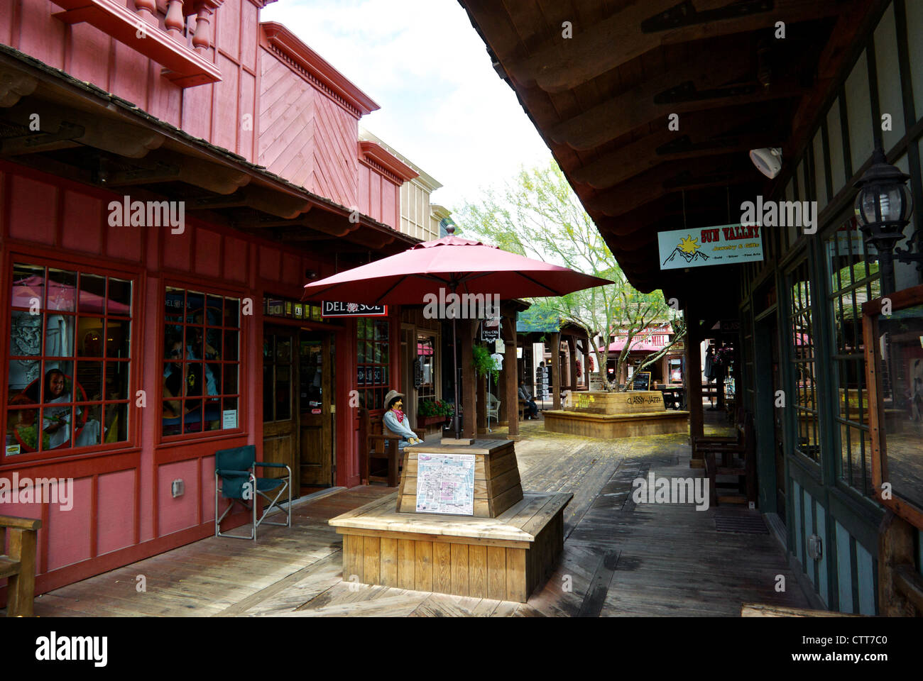 Small pedestrian shopping mall alley wooden sidewalks benches downtown ...