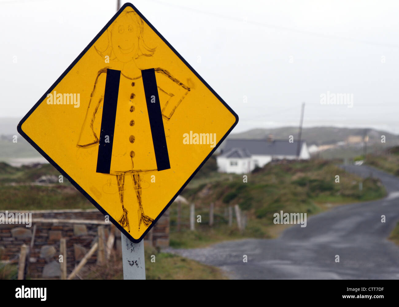 A road sign in Ireland warning of the road narrowing has been ...