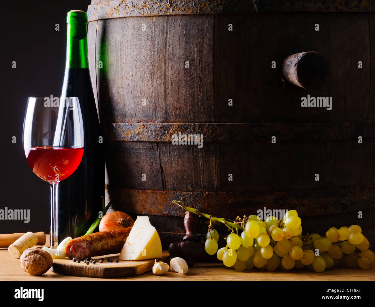 Still life with simple rustic food and red wine Stock Photo - Alamy