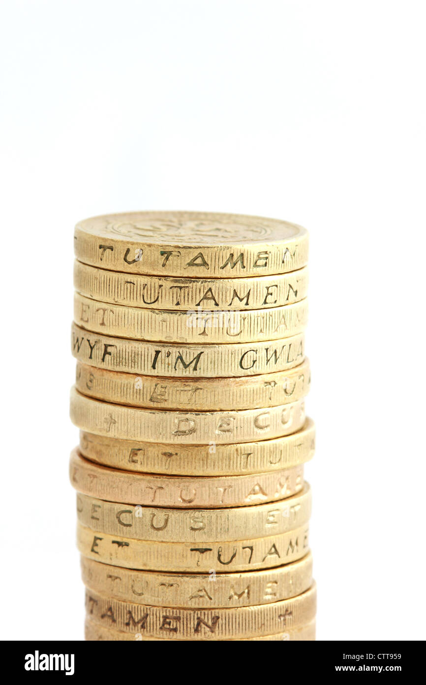 one pound coin stack on white background Stock Photo - Alamy