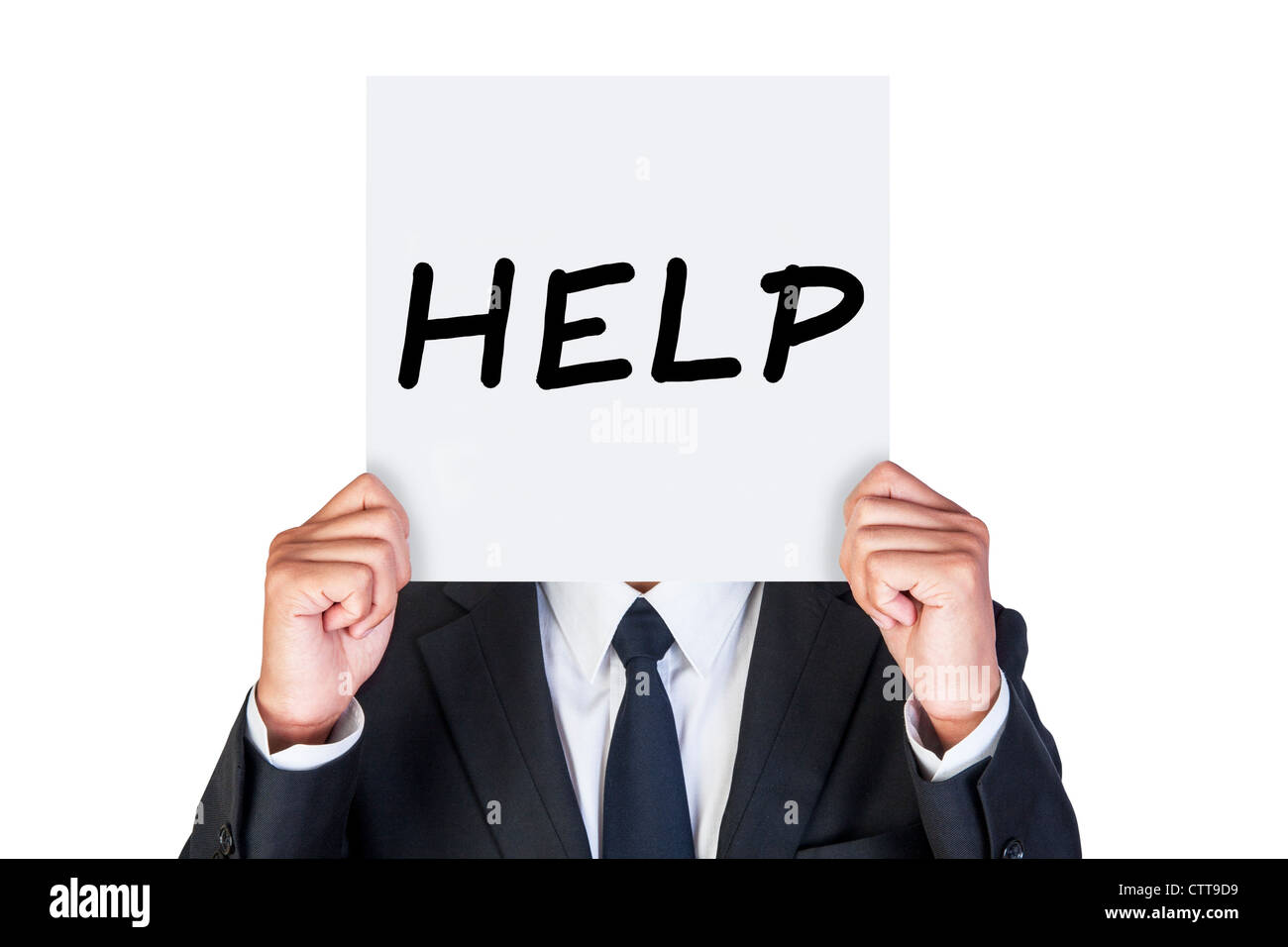Businessman holding paper that say HELP Stock Photo - Alamy