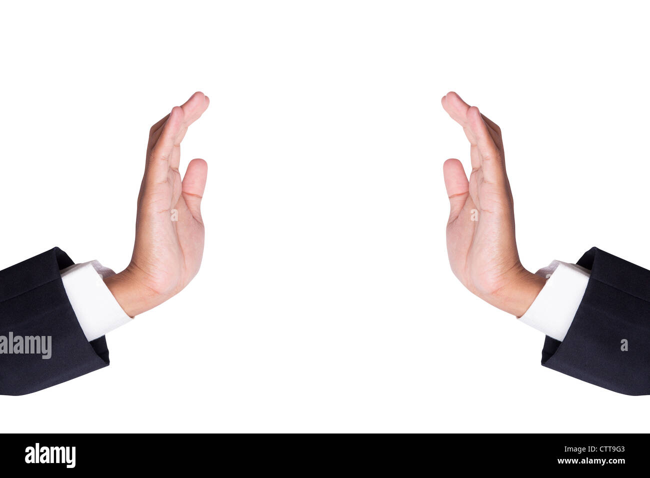 Space between two hands of businessman isolated on white background ...