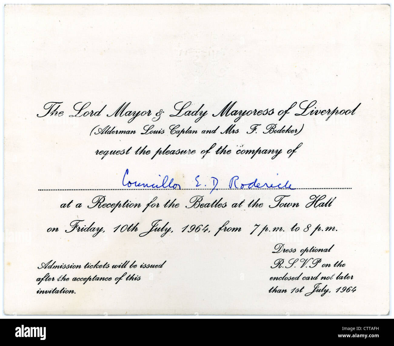 000961 - Invitiation to the Civic Reception For The Beatles at ...