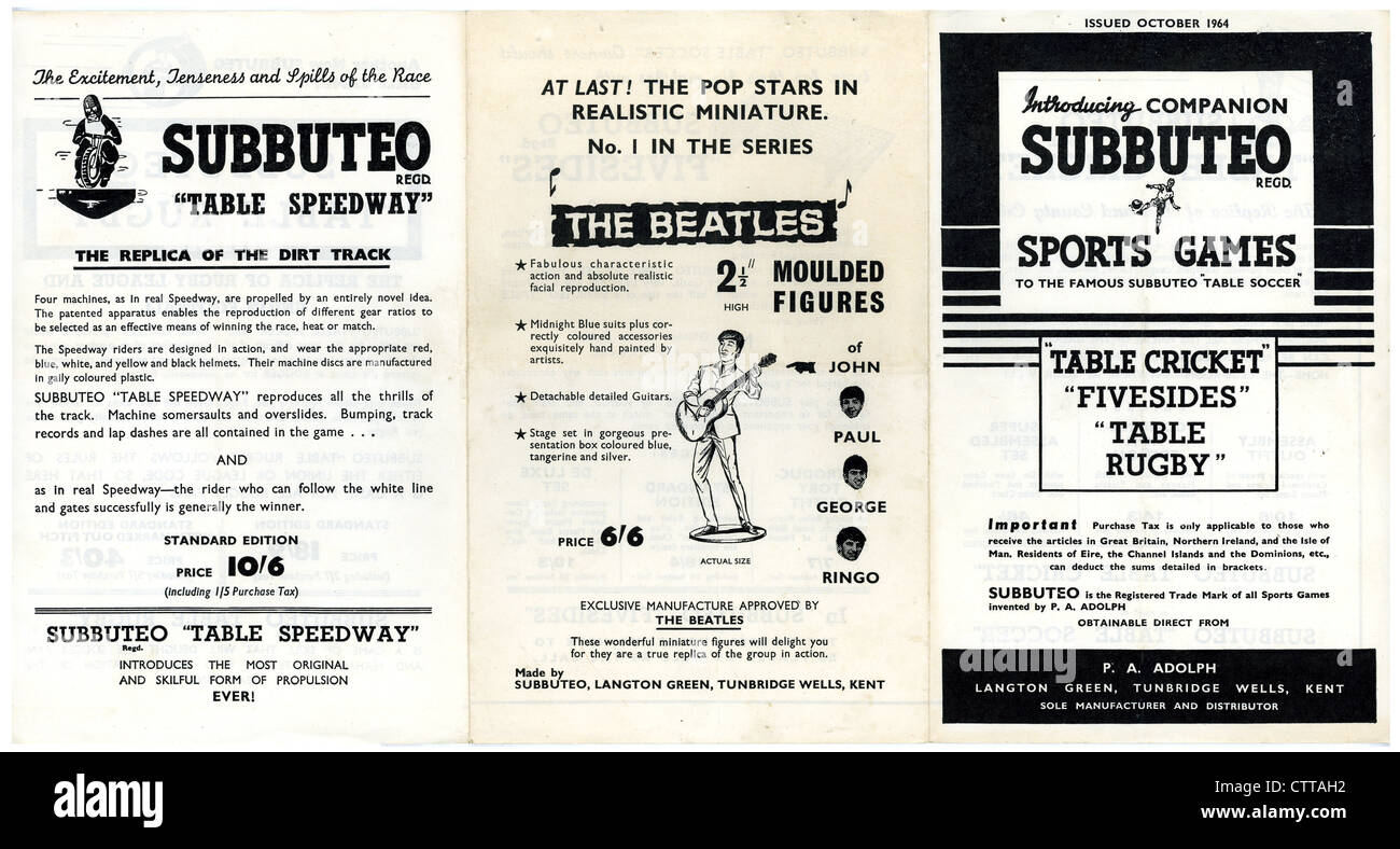 000935 - The Beatles 1964 Subbuteo Promotional Flyer Stock Photo - Alamy