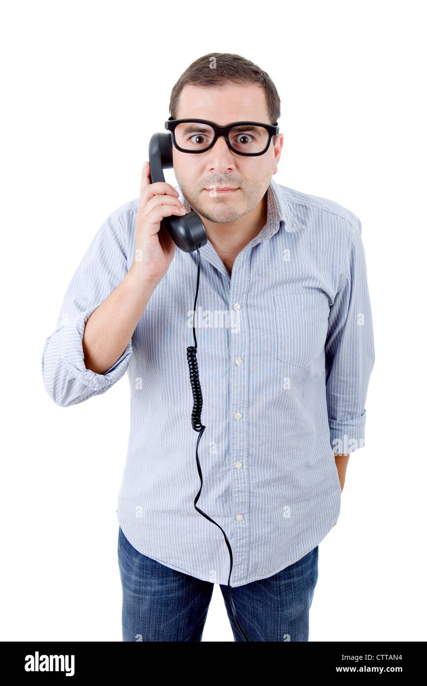 young man with a phone, isolated on white Stock Photo - Alamy