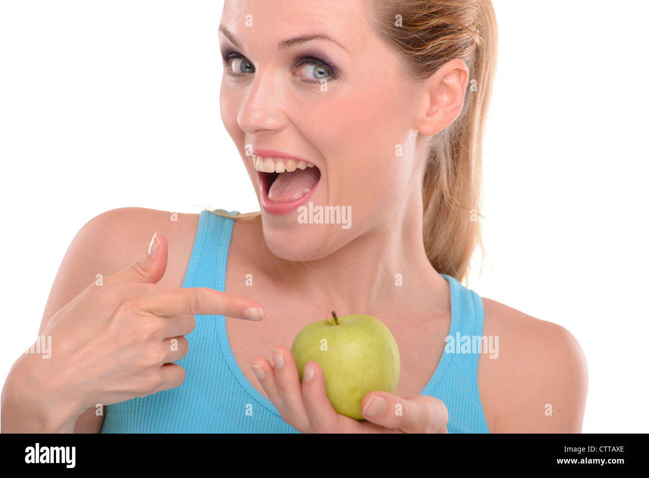 woman pointing at an apple Stock Photo - Alamy