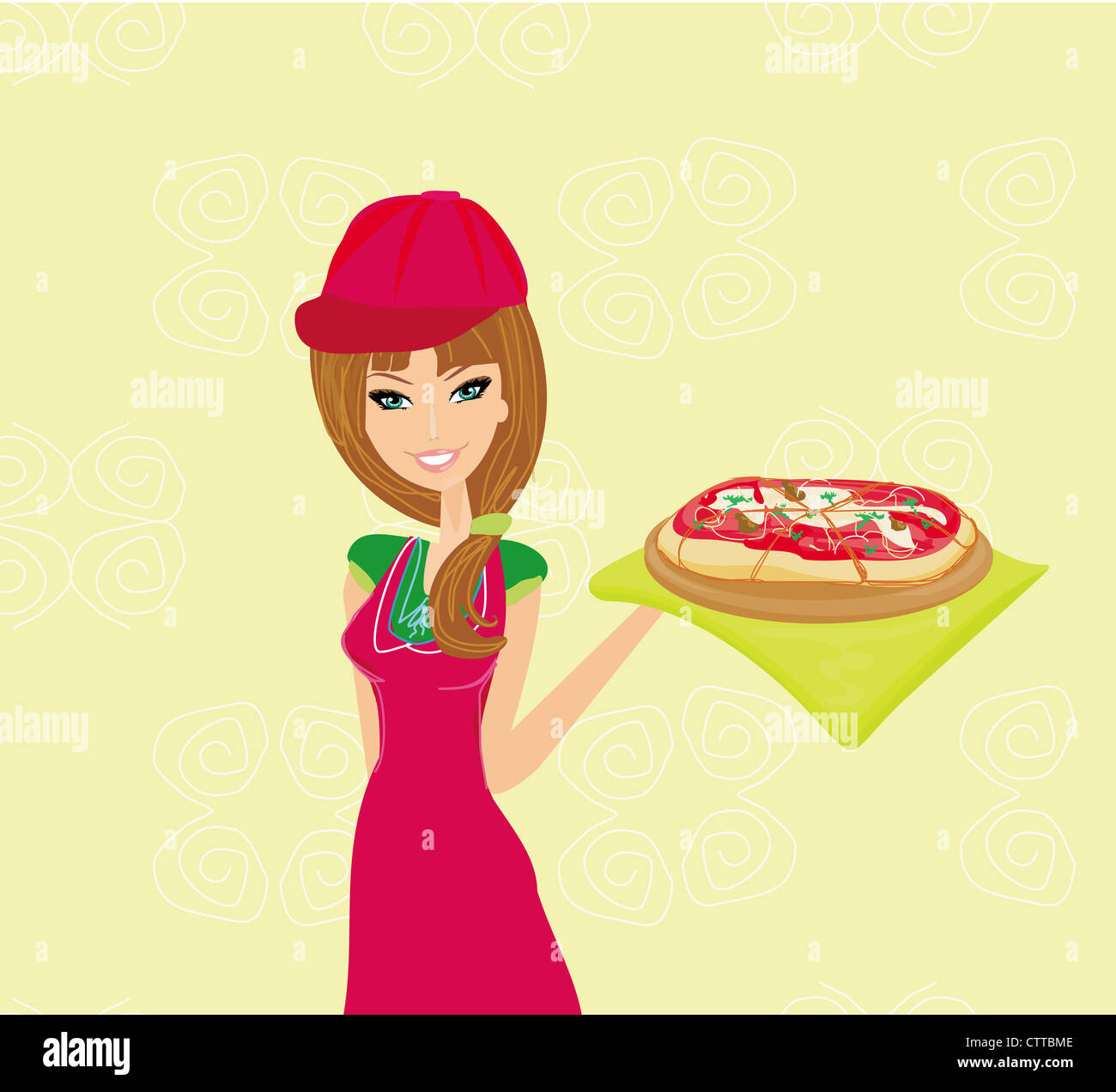 beautiful woman waitress enjoys pizza Stock Photo - Alamy