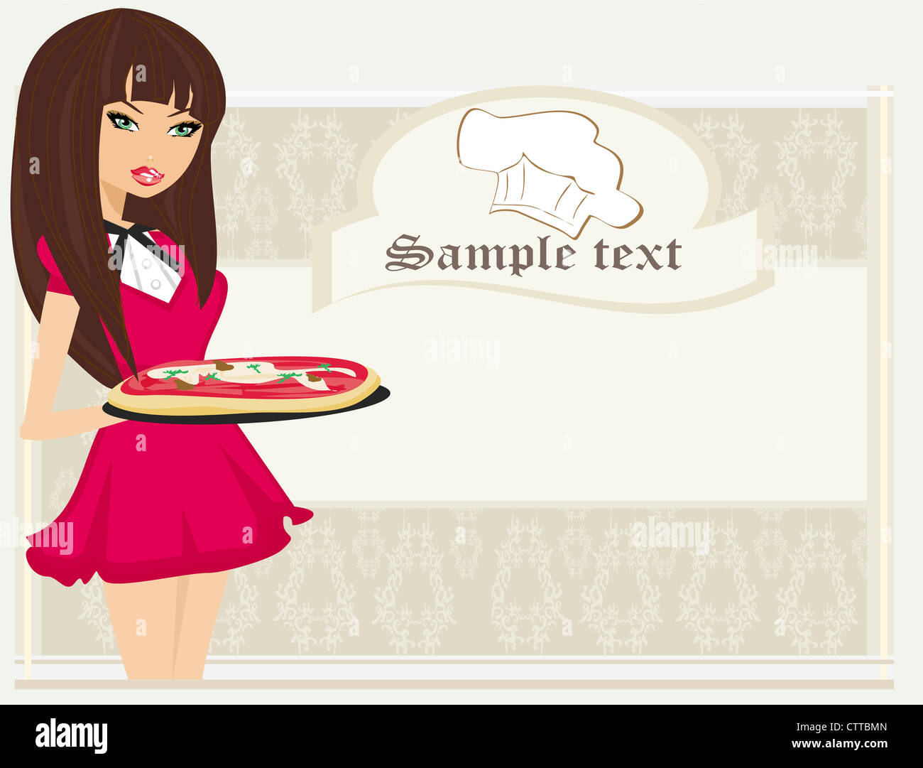 beautiful woman waitress enjoys pizza Stock Photo - Alamy