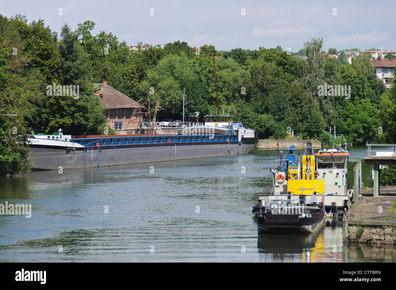 River Barge and other ships mooring in Heilbronn River Neckar Germany ...