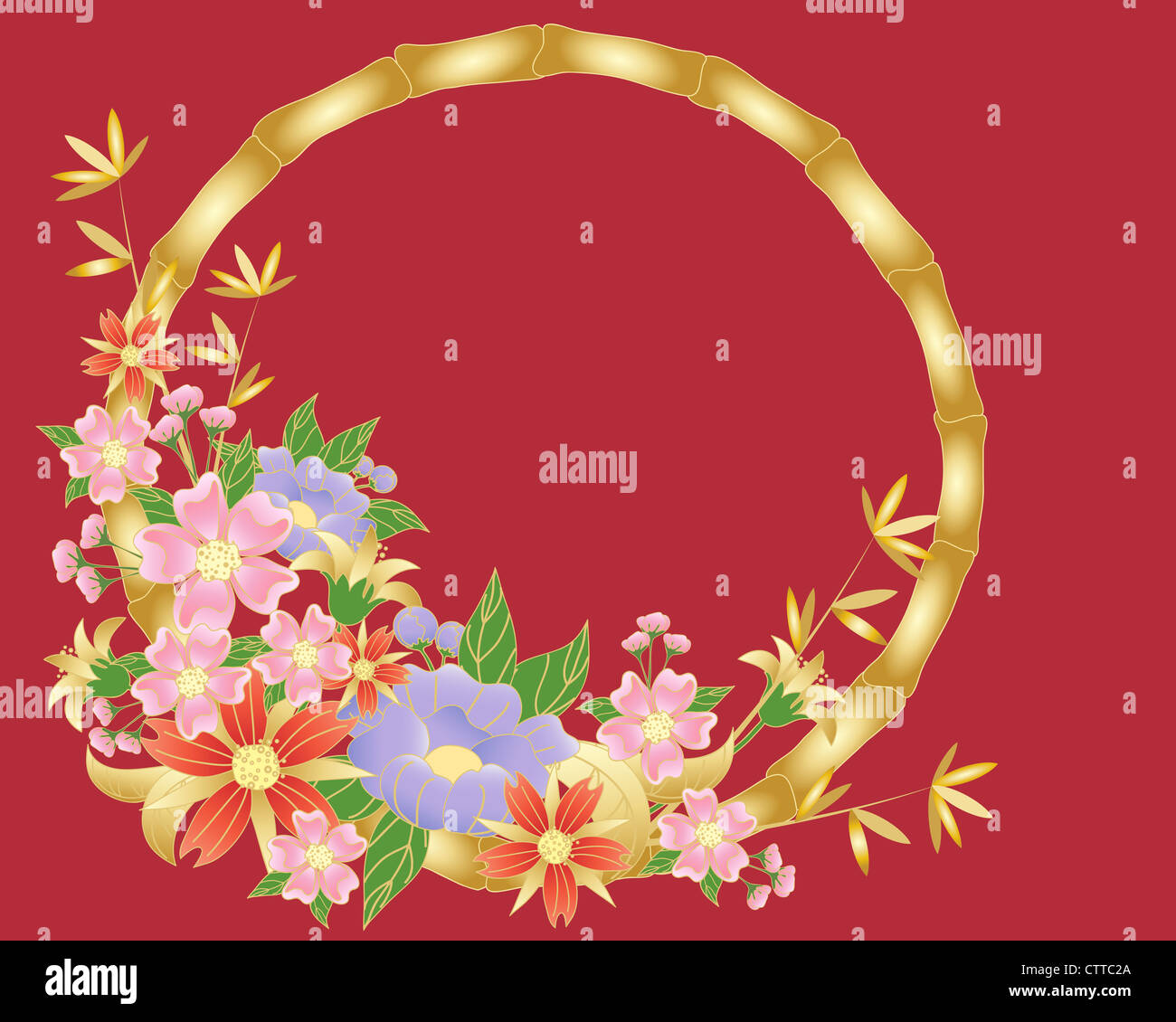 an illustration of a Chinese floral design with circular golden bamboo ...