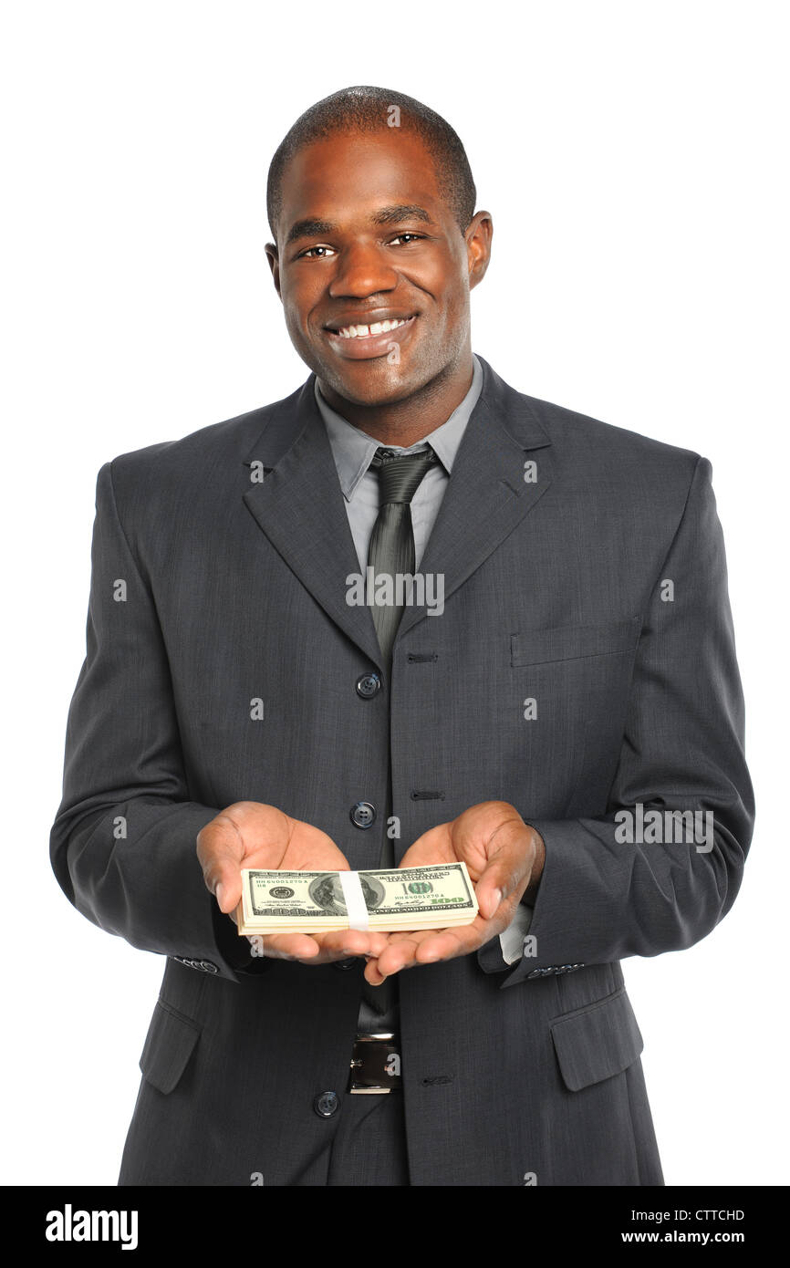 African American businessman holding stack of money isolated over white ...