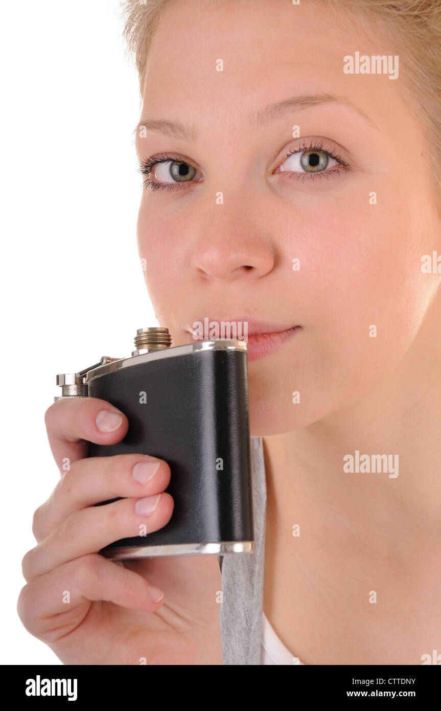 Beauty blonde girl with flask is looking in the camera Stock Photo - Alamy